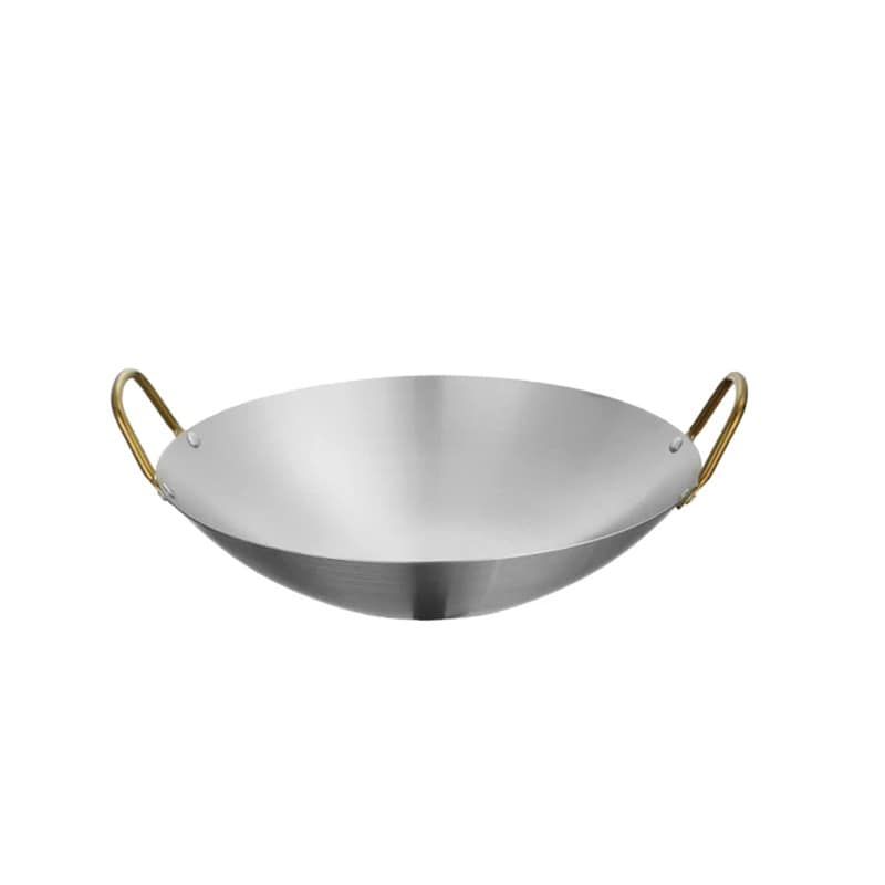 11-inch Stainless Steel Asian Style Shallow Wok with Golden Handles